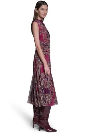 Halston Sleeveless Paisley Printed Mesh Dress