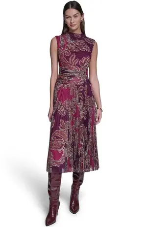 Halston Sleeveless Paisley Printed Mesh Midi Dress - Deep Plum/berry Multi