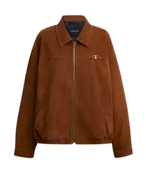 COACH Heritage C Oversized Suede Bomber Jacket - Dark Brown