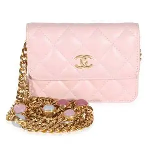 Chanel Light Quilted Lambskin Jeweled Wallet On Chain - Pink