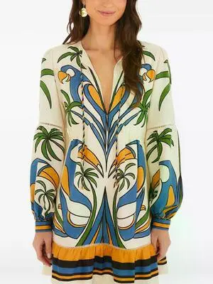 Farm Rio Sand Tropical Graphic Lace Ruffled Mini Dress - Neutrals