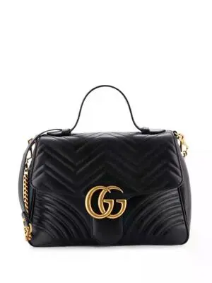 Gucci Gg Marmont Top Handle Flap Bag Matelasse Leather Medium Satchel - Black