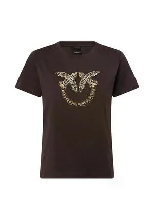 Pinko T-shirt With Love Birds Jewel Maxi Embroidery - Brown