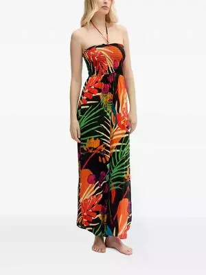 Desigual Tropical Print Smocked Halterneck Wide Leg Jumpsuit - Black