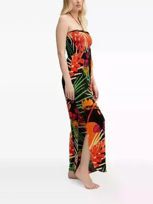 Desigual Tropical Print Smocked Halterneck Wide Leg Jumpsuit