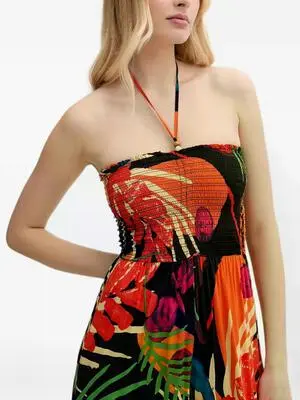 Desigual Tropical Print Smocked Halterneck Wide Leg Jumpsuit