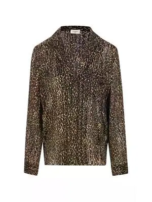 Saint Laurent Blouse With A Pajama Collar And Covered Buttons, Decorated With A Lurex-stripe Leopard-print Motif - Brown