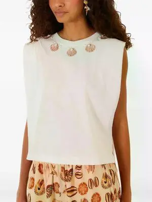 Farm Rio Off- Seashell Embroidery Padded Shoulders T-shirt - White