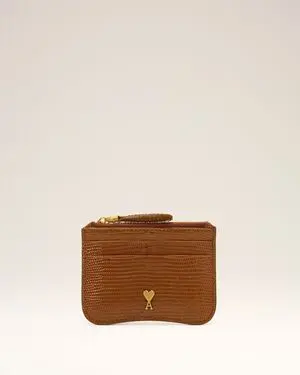 AMI Paris Brown Lizard Embossed Paris Paris Zipped Leather Card Holder Brown - Cognac