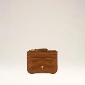 AMI Paris Brown Lizard Embossed Paris Paris Zipped Leather Card Holder Brown