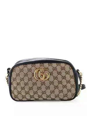 Gucci Gg Marmont Shoulder Bag Diagonal Quilted Gg Canvas With Leather Small Crossbody Bag - Brown