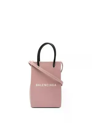 Balenciaga 2021 Mini Calfskin Logo Shopping Phone Holder Satchel - Pink