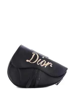 Dior Saddle Logo Embroidered Leather Crossbody Bag - Black