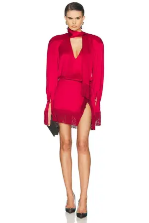 ROWEN ROSE Satin Fringe Mini Dress