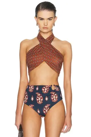 Johanna Ortiz Printed Wrap Bikini Top - Brown