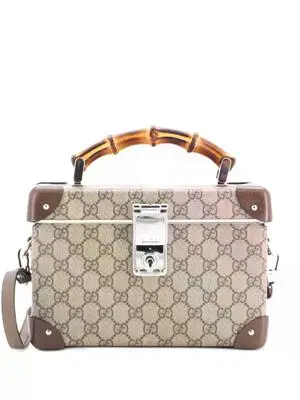 Gucci Bamboo Globe-trotter Vanity Case Gg Coated Canvas Satchel - Brown