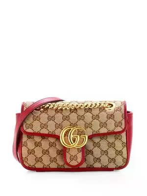 Gucci Gg Marmont Flap Bag Diagonal Quilted Gg Canvas With Leather Mini Crossbody Bag - Red