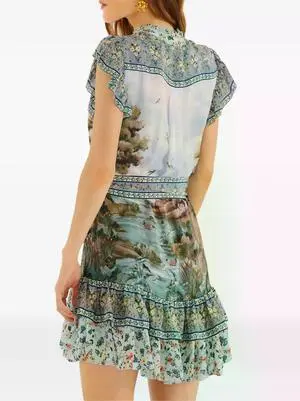 Farm Rio Multicolor Countryside Landscape Belted Ruffled Mini Dress