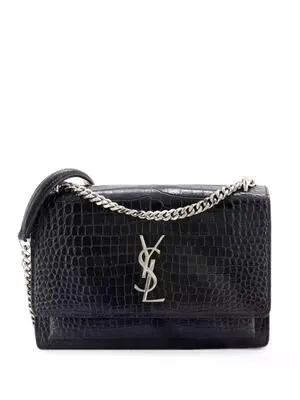 Saint Laurent Sunset Crocodile Embossed Leather Medium Crossbody Bag - Black