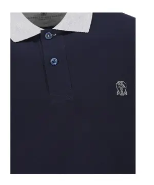 Brunello Cucinelli Logo Embroidered Long-sleeved Polo Shirt - Cobalt Blue
