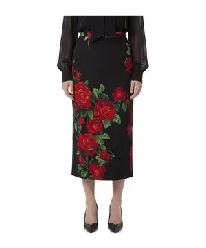 Dolce & Gabbana Rose-print Pencil Midi Skirt - Black