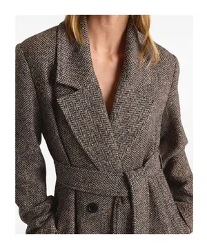 Momoni Elin Double-breasted Herringbone Long Coat - Grey