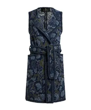 Etro Long Waistcoat In Cotton-blend Bouclé Jacquard With Floral Motif - Black