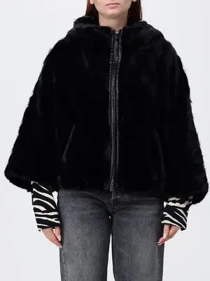 Pinko Hooded Faux Fur Jacket With Zip Closure - Black