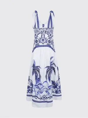 Farm Rio Wonderful City Floral Print Linen Midi Dress With Square Neckline