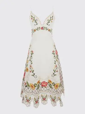 Farm Rio Off- Flower V-neck Floral Print Linen Midi Dress