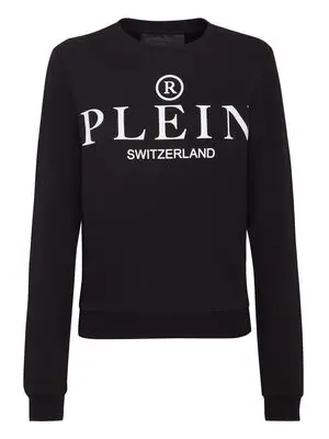 Philipp Plein Crewneck Cotton Sweatshirt With Contrast Logo Print - Black