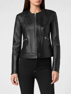 Philipp Plein Cropped Slim Fit Smooth Calfskin Leather Biker Jacket
