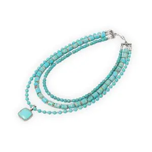 URBANE JEWELRY STUDIO Three-strand Turquoise Beaded Statement Necklace W/ Square Pendant - Blue