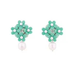 Oana Savu Sterling Silver Baroque Pearl And Turquoise Flower Earrings - White/blue