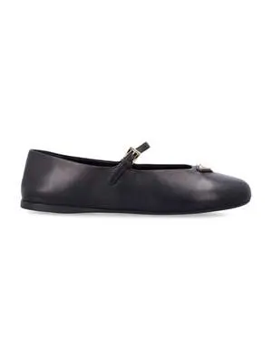 Prada Nappa Leather Ballerina Flats With Adjustable Strap And Enameled Triangle Logo - Nero