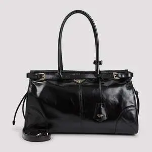 Prada Leather Handbag With Structured Handle, W 38cm X H 23cm X D 13cm - Black