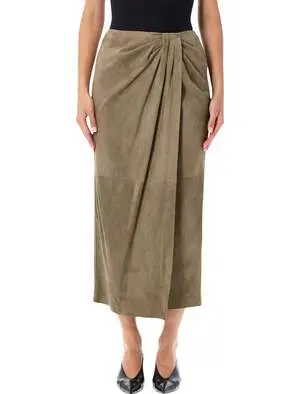 Ralph Lauren Draped Front Midi Suede Skirt With Straight Silhouette - Beige