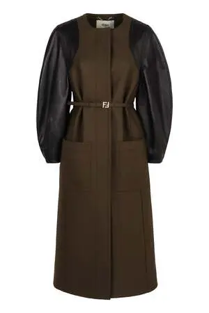 Fendi Felt Wool Cocoon Jacket With Leather-sleeve Belted Waist - Green