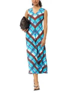 Whistles Textured Checked V Neck Dress - Blue Multi