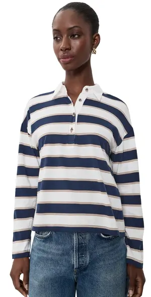 Xirena Troy Striped Long Sleeve Polo Shirt - Navy Crescent