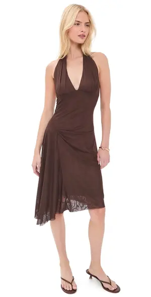 NIA Chiara Halterneck Gathered Mesh Dress - Chocolate