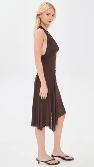 NIA Chiara Halterneck Gathered Mesh Dress - Chocolate