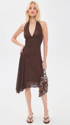 NIA Chiara Halterneck Gathered Mesh Dress - Chocolate