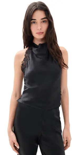 Cami Nyc Lucille Silk Top With Lace Trim - Black