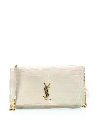 Saint Laurent Classic Monogram Phone Holder Shoulder Bag Crocodile Embossed Leather Crossbody Bag - White