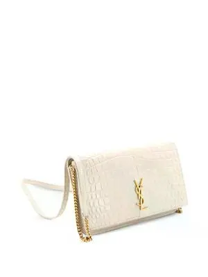 Saint Laurent Monogram Crocodile Embossed Leather Shoulder Bag - White