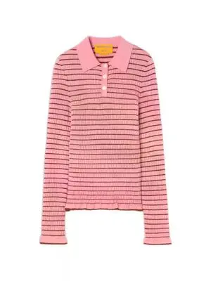 Guest In Residence Striped Shirred Polo Shirt - Pink