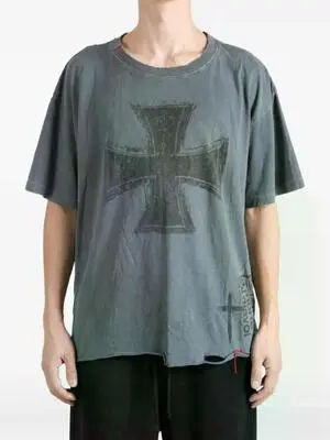 SAITOS Cross-print Distressed T-shirt