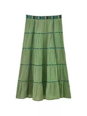 Ba&sh Paloma Tiered Embroidered-waistband Maxi Skirt - Green