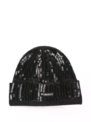 Pinko Sequin-embellished Ribbed-knit Beanie Hat - Black